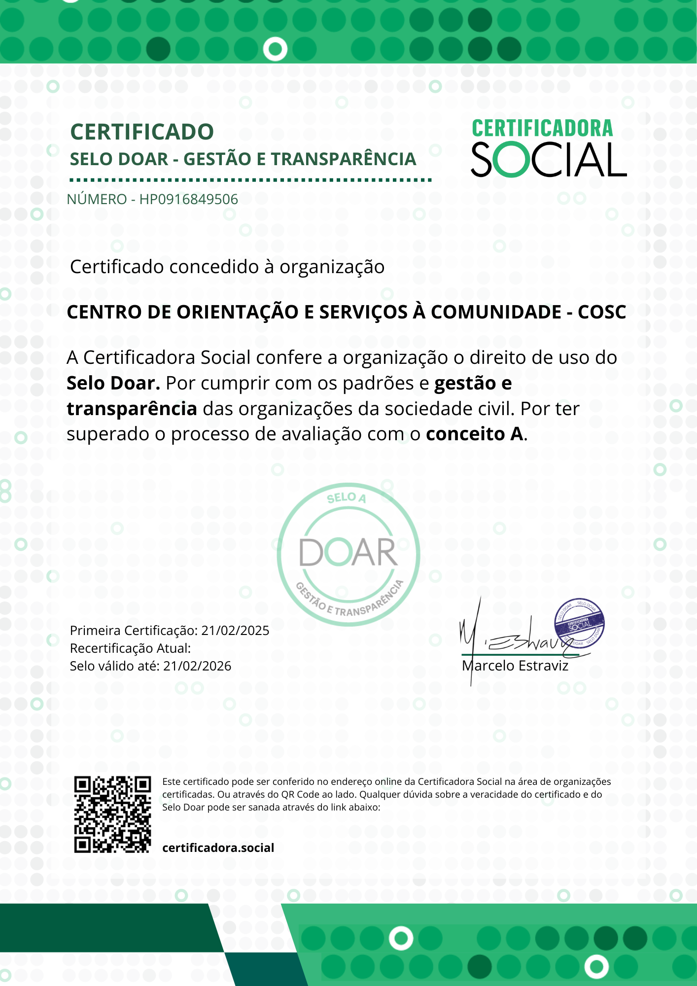 Certificado Centro de Orientação e Serviços à Comunidade – COSC – Selo Doar