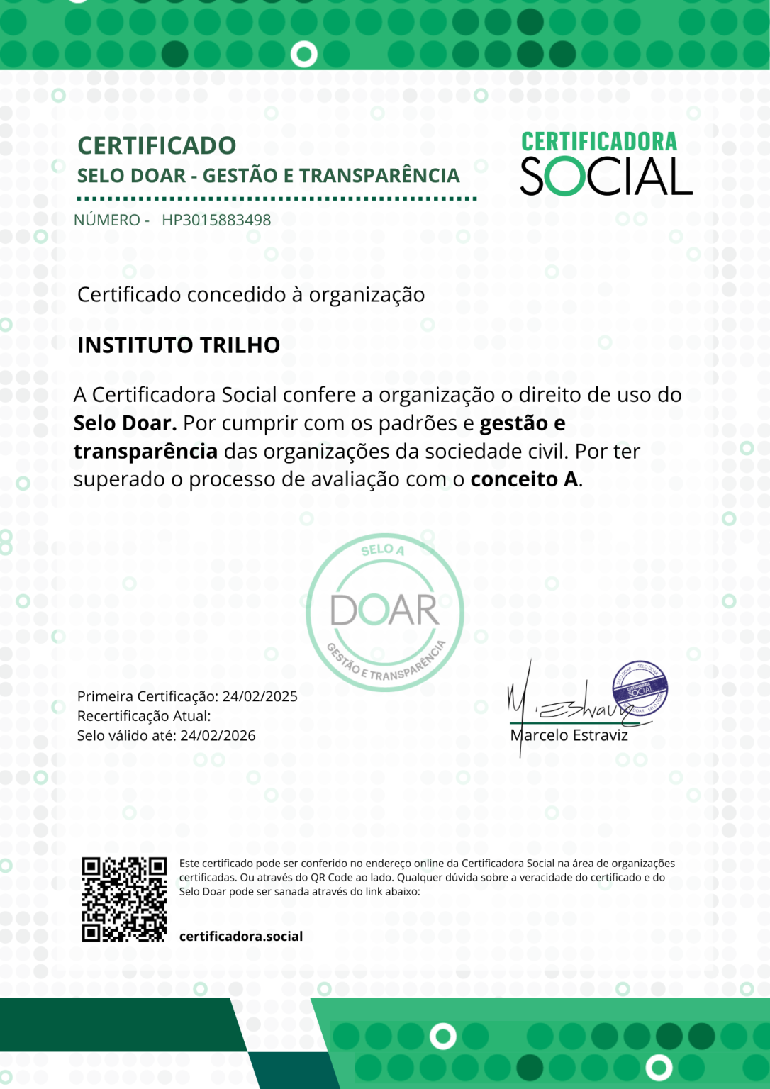 Instituto Trilho – Selo Doar